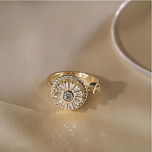 NIDAL Gold Crystal Spinning Fidget Anxiety Ring,Spinning Enamel Rings,Women's Adjustable Open Ring Discreet Calming Gift