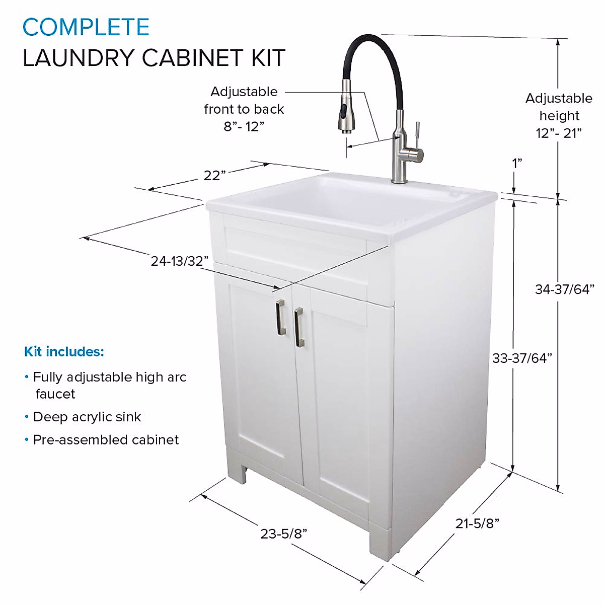 Transolid TCAS-2522-WC 25-in Laundry Cabinet with Acrylic Sink, Stainless Steel High Arc Faucet, White