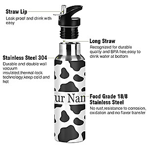 Custom Water Bottle Black and White Cow Print Stainless Steel Vacuum with Name Personalized Name Insulated Sport Bottle with Wide Handle