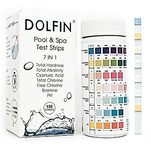 DOLFIN 7-Way Pool Test Strips, 150 Strips Water Chemical Testing for Hot tub and Spa, Accurate Test Bromine, Total Alkalinity, pH, Free Chlorine, Total Hardness, Cyanuric Acid, and Total Chlorine