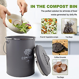 Holismo Kitchen Countertop Compost Bin, Odor Resistant Indoor Compost Bin with Lid and Charcoal Filter, Rust Resistant Coated Compost Bucket, Compost Container, Gray