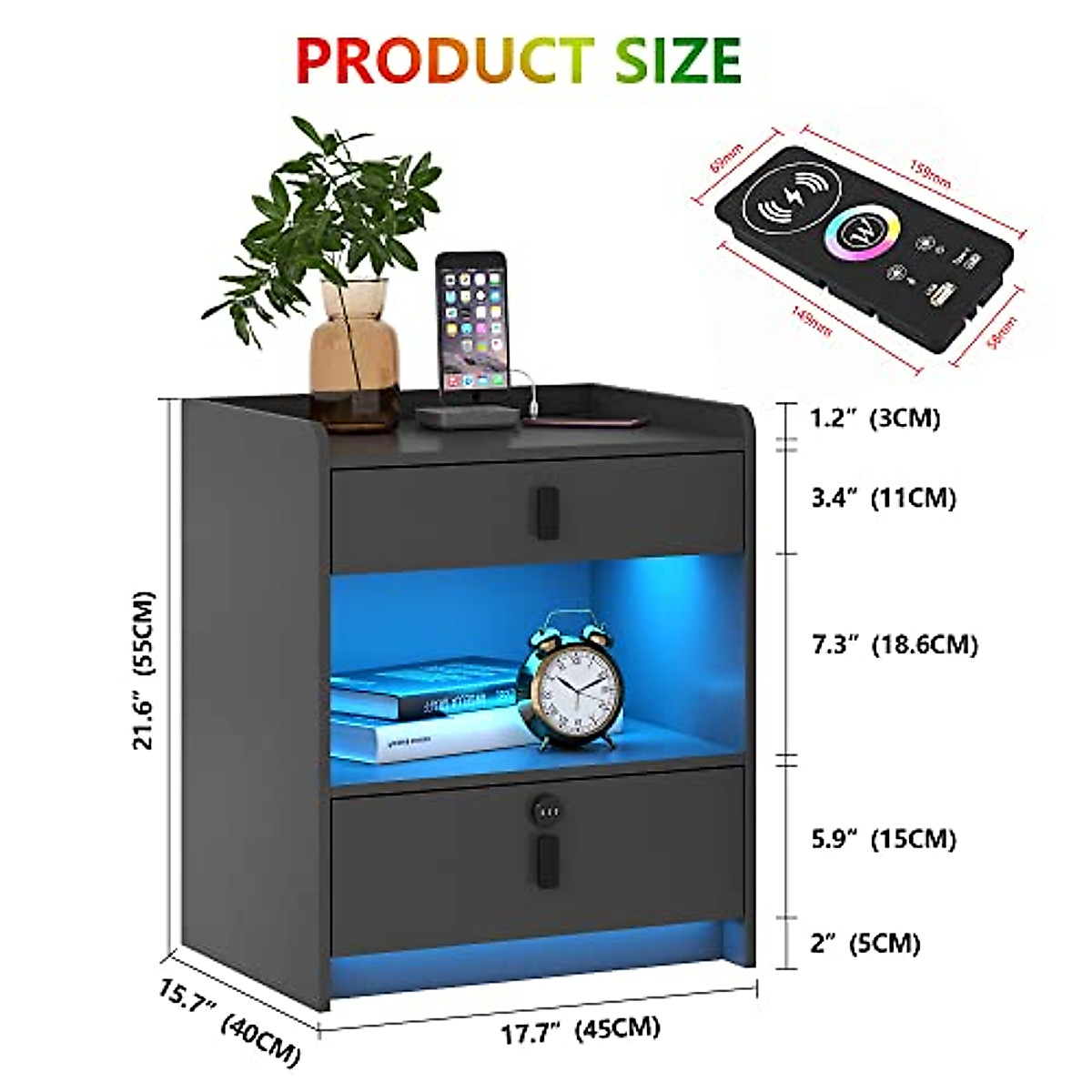 Vlsrka Nightstand with Charging Station, Night Stand with Drawers, LED Nightstands with 24 RGB Colors, Modern Side Table with USB Ports and Open Shelf, Bedside Table for Bedroom, Grey