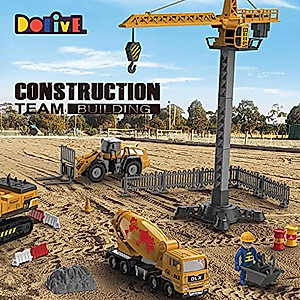 DOLIVE Construction Site Vehicles Toy with Mat, Crane Toy Tractor, Tower Crane Truck, Dump Trucks, Excavator, Cement Mixer Trucks, Kids Engineering Playset for 3+ Year Olds Boys Girls