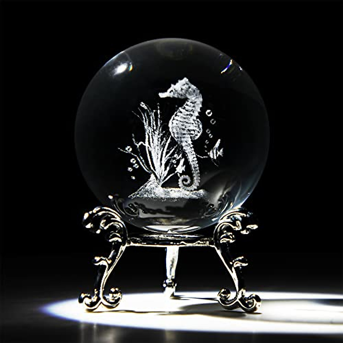 HDCRYSTALGIFTS 60mm(2.4inch) 3D Crystal Decorative Balls 3D Laser Engraved Crystal Seahorse Paperweight Full Sphere Glass Feng Shui Figurine with Silver-Plated Flowering Stand