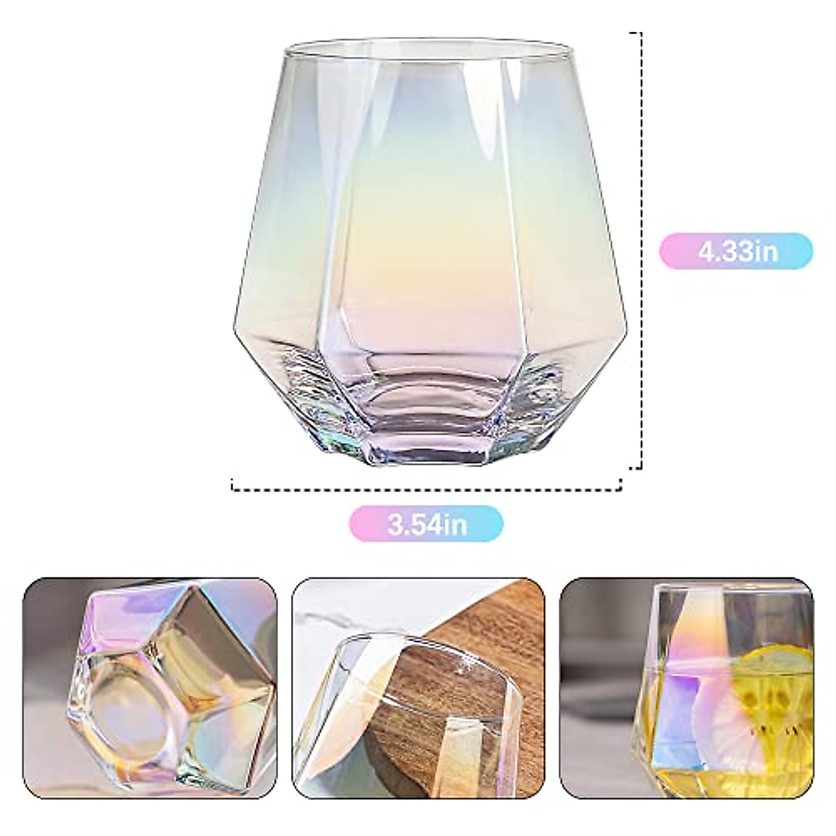 Vanleonet Colored Diamond Stemless Wine Glasses Set,Modern Rainbow Wine Glass, Iridescent Wine Glass Gifts for Women,Men, Old Fashioned Rainbow Glass for Party