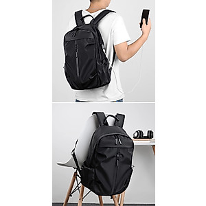 Nujenren Water Resistant Lightweight Travel Hiking Nylon Backpack Daypack Durable with USB Charging Port (Black)