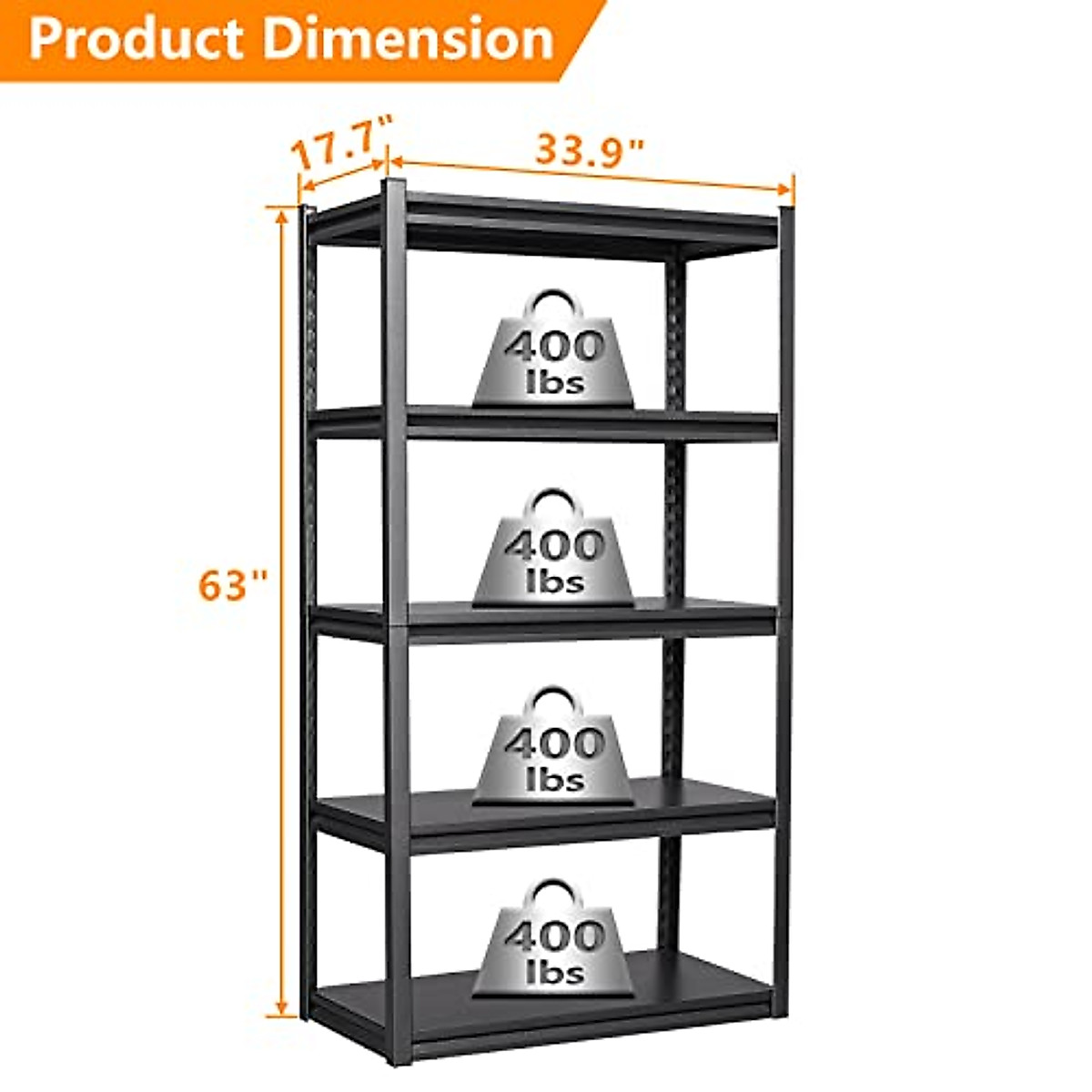 LISSIMO 5-Tier Heavy Duty Shelf, 63" H Metal Shelving Unit Load 2000LBS, Adjustable Storage Shelves for Garage，Bedroom,Office 18" D x 34" W x 63" H