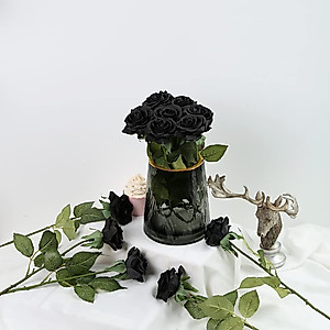 IPOPU Black Roses Artificial Flowers 12pcs Artificial Roses Real Touch Black Fake Silk Rose Flowers Floral Arrangement Faux Roses for Home Wedding Party Shop Garden Bridal Decorations DIY (Black)