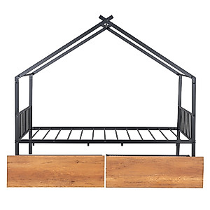 Metal House Bed for Kids, Twin Size Bed Frame with Storage Drawers and Slats, Kids Bed Frame with Headboard and Footboard, Twin Size House Bed for Kids, Girls, Boys(Twin Black)