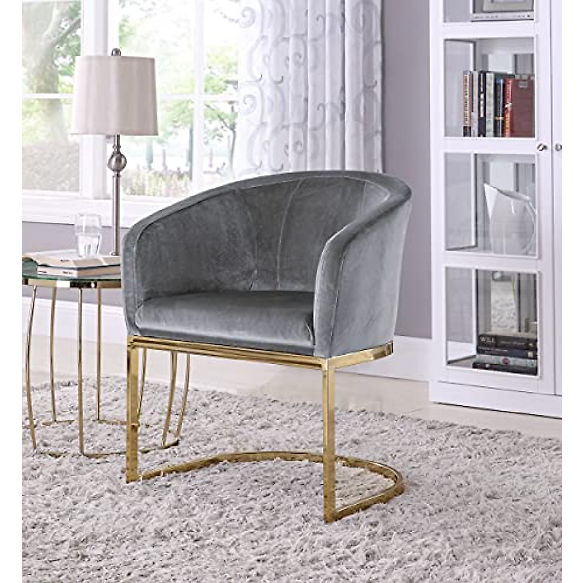 Iconic Home Siena Accent Club Chair Shell Design Velvet Upholstered Half-Moon Gold Plated Solid Metal U-Shaped Base Modern Contemporary Grey 25.6D x 23.2W x 31.7H in