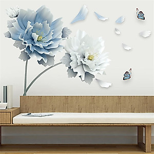 Blue Flower Wall Decals Stickers,Peel and Stick Flower Wall Sticker DIY Floral Wall Art for Bedroom Living Room Classroom Office (2 Blue Peony Flowers)
