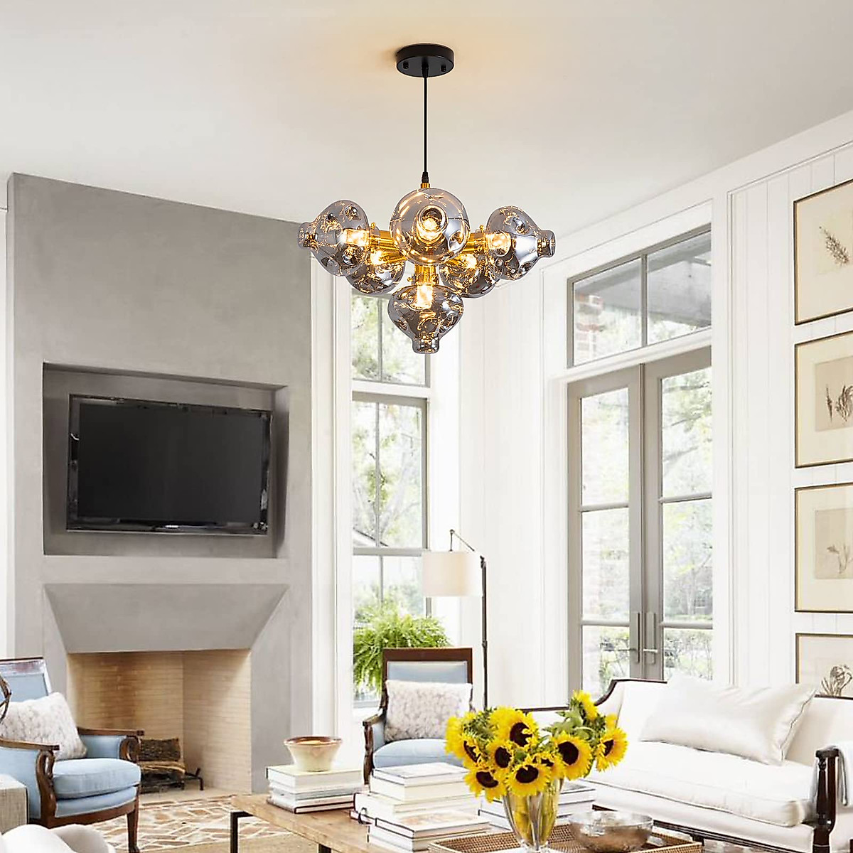 KELUOLY 6-Light Glass Chandelier, Mid Century Globe Black and Gold Hanging Ceiling Light, Smoke Grey Vintage Hanging Pendant Light for Bedroom Dining Room Kitchen Farmhouse Living Room