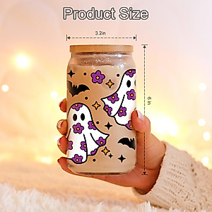 Coolife Purple Flower Ghost Halloween Cup, Cute Daisy Ghost Iced Coffee Cup, 16oz Floral Ghost Halloween Tumbler Glass Cups w/Lids Straws - Boo Basket Stuffers for Her, Halloween Gifts for Women Girl