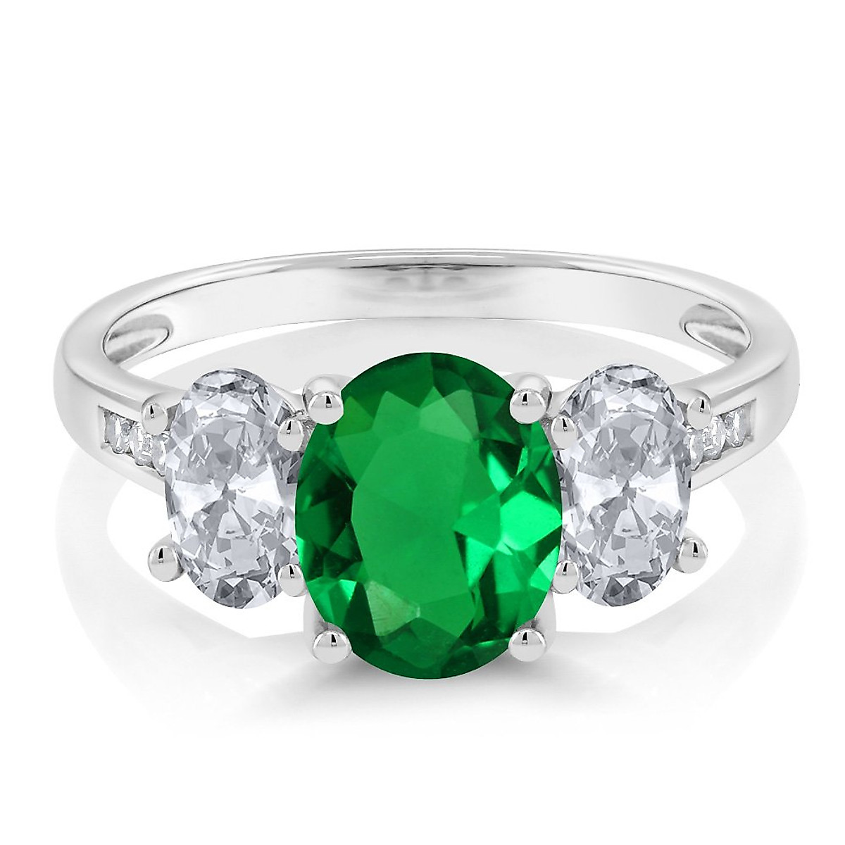 Gem Stone King 10K White Gold Green Nano Emerald White Topaz and White Diamond Oval 3-Stone Engagement Ring For Women (2.00 Cttw, Gemstone May Birthstone, Available In Size 5, 6, 7, 8, 9)