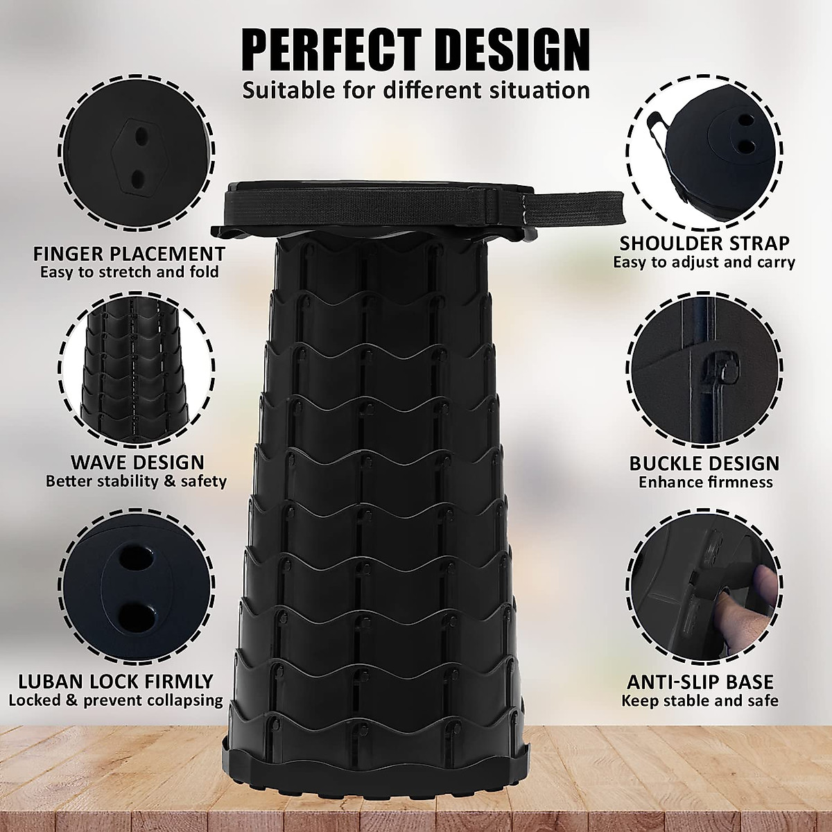 Magic Vision LLC Portable Folding Stool Lightweight Telescopic Stool for Adults with Load Capacity 400 LB Retractable Plastic Shrinkable Seat for Camping Fishing BBQ Outdoors Indoors Kitchen. (Black)