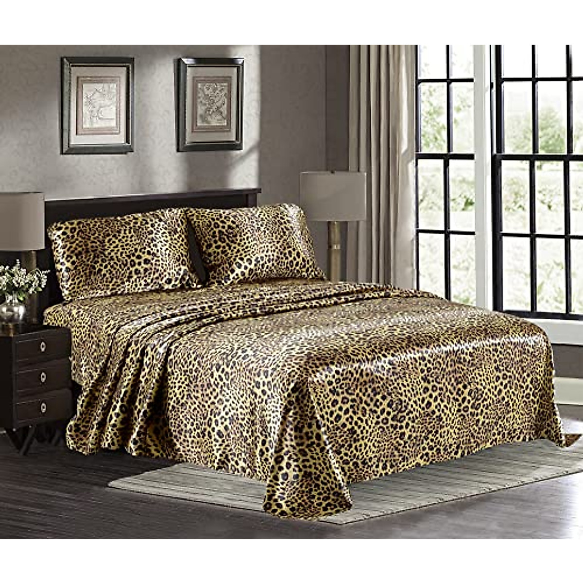 Satin Sheets Twin [3-Piece, Gold Leopard] Hotel Luxury Silky Bed Sheets - Extra Soft 1800 Microfiber Sheet Set, Wrinkle, Fade, Stain Resistant - Deep Pocket Fitted Sheet, Flat Sheet, Pillow Cases