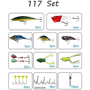 Fishinghappy 117PCS Fishing Lures Baits Tackle Including Topwater Frog Lures Crankbaits Spinnerbaits Plastic Worms Jigs Tackle Box and More Fishing Gear Lures