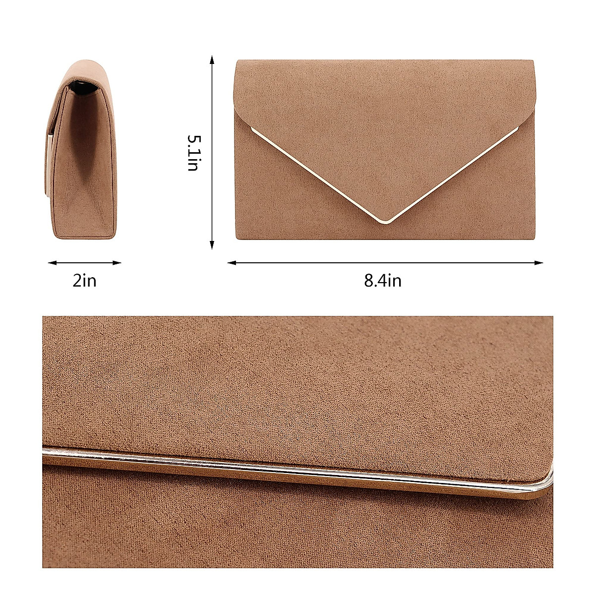 jascaela Women's Faux Suede Evening Clutch Handbags Envelope Evening Purses for Wedding Cocktail Prom Party - Camel