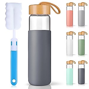 Yomious 25 Oz Glass Water Bottle with Bamboo Lid - Borosilicate Glass Water Bottles with Sleeve, Wide Mouth and Dishwasher Safe Water Bottle Glass - Bonus 1x Brush