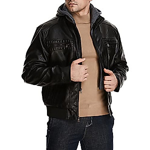 HOOD CREW Men Faux Leather Jacket with Detachable Hood Casual Motorcycle Bomber Jackets Outerwear Black XXL