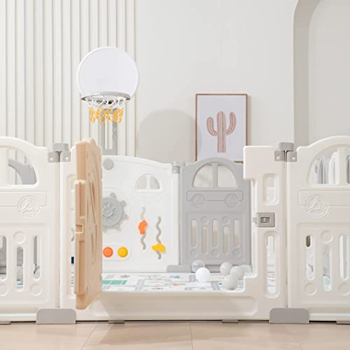 MERIT play Baby Playpen, Free-Installation Toddler Foldable Playpen with Basketball Hoop and Drawing Board for Kids, Adjustable Shape Safety Indoor Outdoor Portable Sturdy Play Yard(14 Panels)…