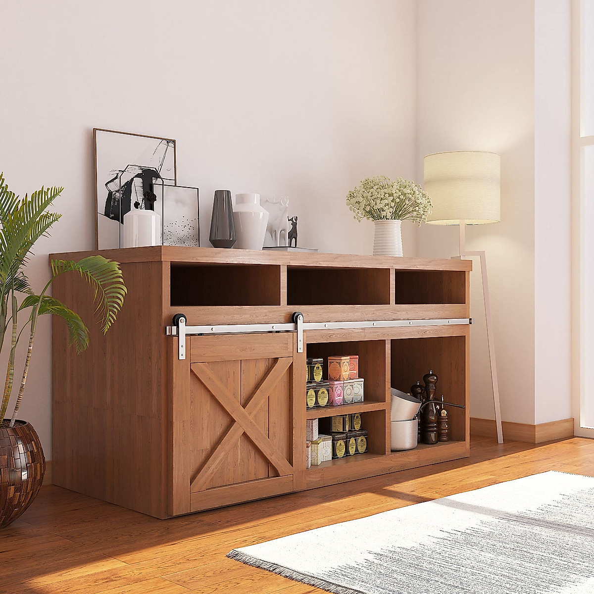 Homacer Mini Brushed Nickel Non-Bypass Sliding Barn Door Hardware Kit, for One/Single Door, 54-inch Long Flat Track, Straight Design Roller, Cabinet TV Stand Console Use…