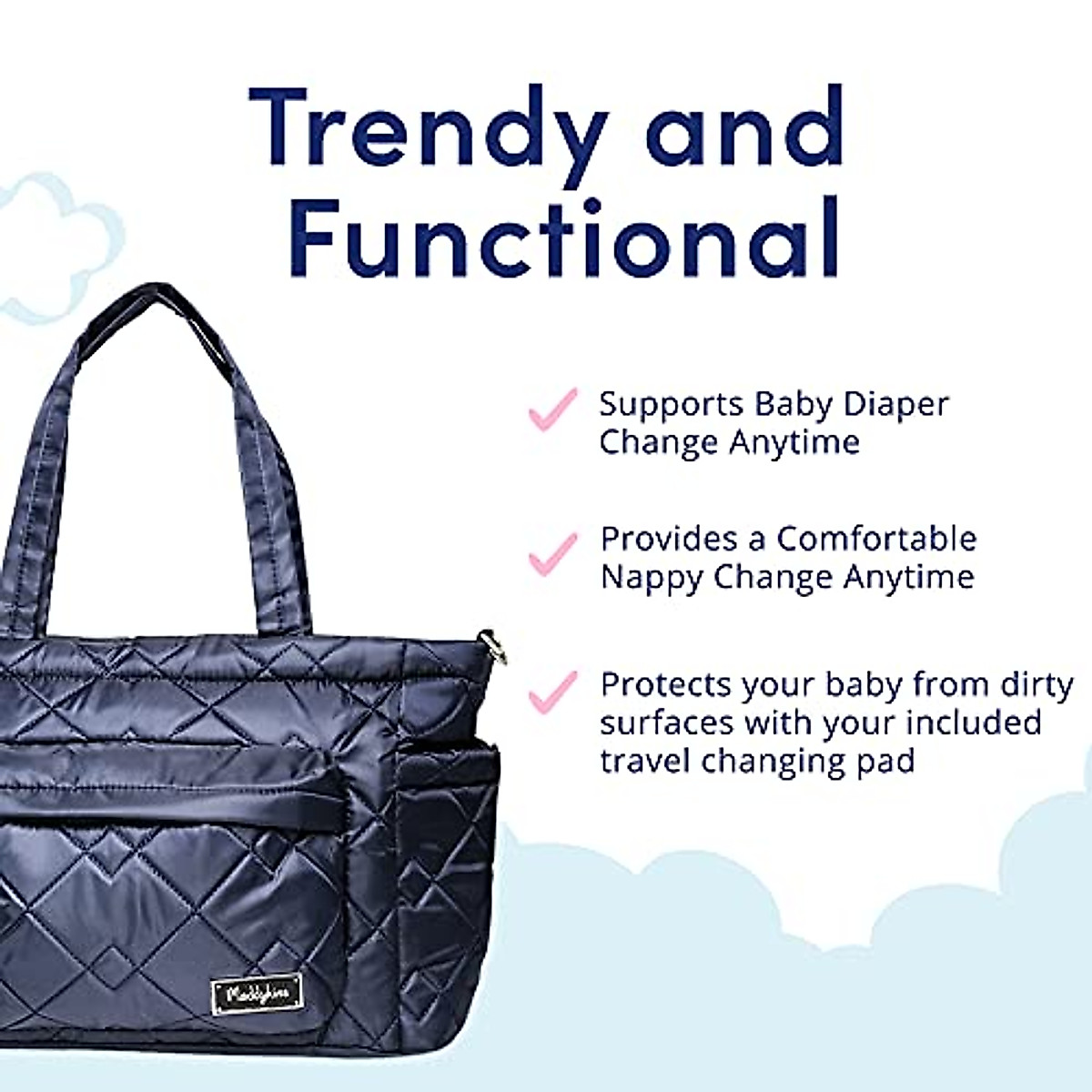 Great Travel Size Stylish Quilted Diaper Tote Bag, Gender Neutral Go Bag with Portable Changing Pad, Laptop Pocket, Shoulder Strap, and 2 Stroller Straps, Navy