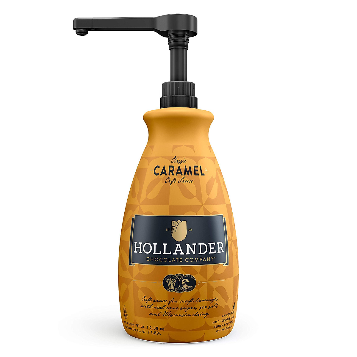 Classic Caramel Café Sauce by Hollander Chocolate Co. | For Caramel Lattes & Deserts | Perfect for the Professional or Home Barista - Net Wt. 91oz (64 fl Oz) Large Bottle (PUMP Included)