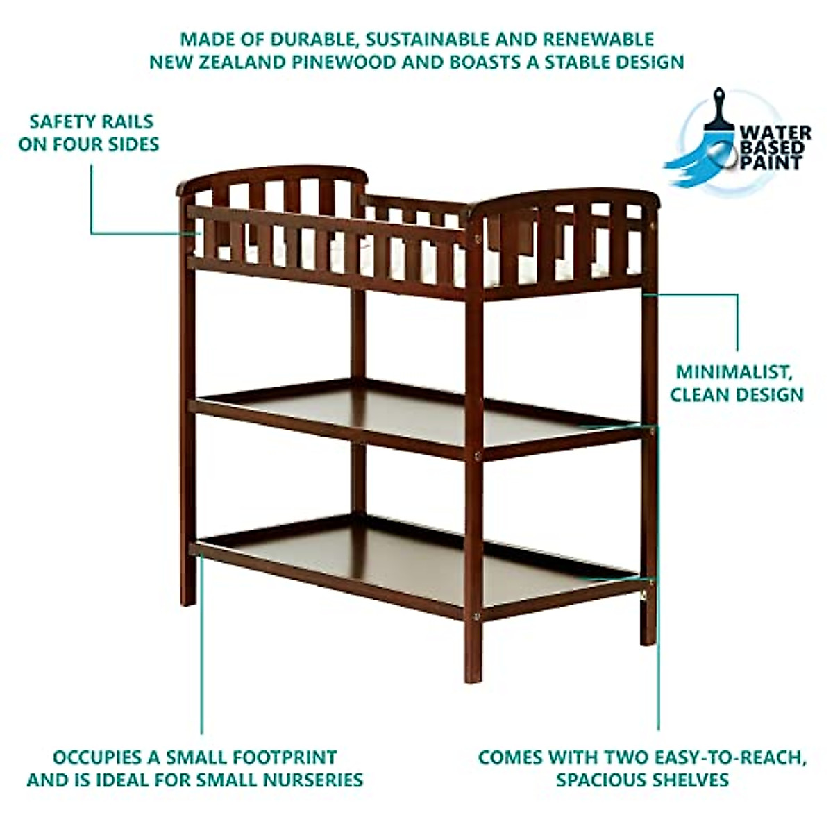 Dream On Me Emily Changing Table In Espresso, Comes With 1" Changing Pad, Features Two Shelves, Portable Changing Station, Made Of Sustainable New Zealand Pinewood