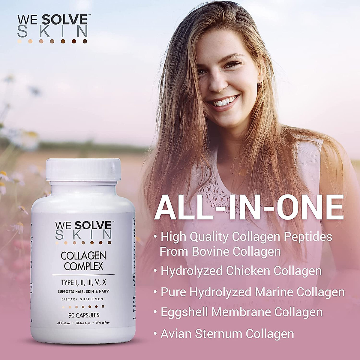 WESOLVESKIN Pure Hydrolyzed Collagen Peptides | Premium Multi Collagen Capsules or Pills for Men & Women | Contains Type I, II, III, V, X | Healthy Hair, Skin, Nails, Bones | Gluten-Free (90 Capsules)
