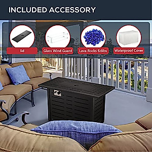 R.W.FLAME 43" Fire Pit Table,Propane Fire Pit Table with Blue Glass Rocks and Tempered Glass Wind Guard.Outdoor Fire Pit with Lid and Rain Cover,Fire Gas Fire Pit/Patio/Deck,50000BTU