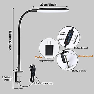 CELYST LED Desk Lamp with Clamp, 10W Flexible Gooseneck Swing Arm Clip Lamp with USB Plug, 3 Color Modes, 30 Brightness Levels, Eye-Caring Portable Desk Light for Home Office Reading Working (Black)