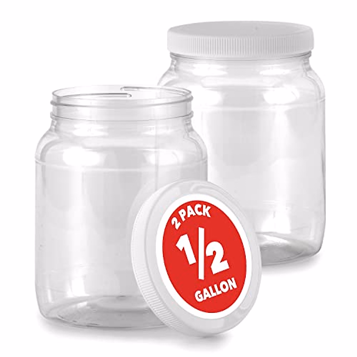 Stock Your Home Half Gallon Clear Plastic Jars with Lids (2 Pack) 64 oz Wide Mouth Large Jar with Lid, Big Container for Candy, Cookies, Arts & Crafts, Bartender Money Tips, Kitchen & Pantry Storage