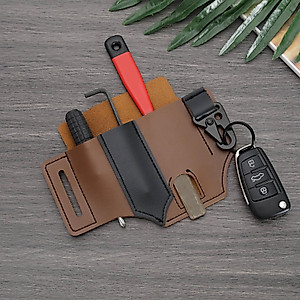 ECSiNG Leather Belt Sheath with Key Holder & Pens Clip & Flashlight Holster Multitool EDC Pocket Organizer Sheath Pouch for Men Brown