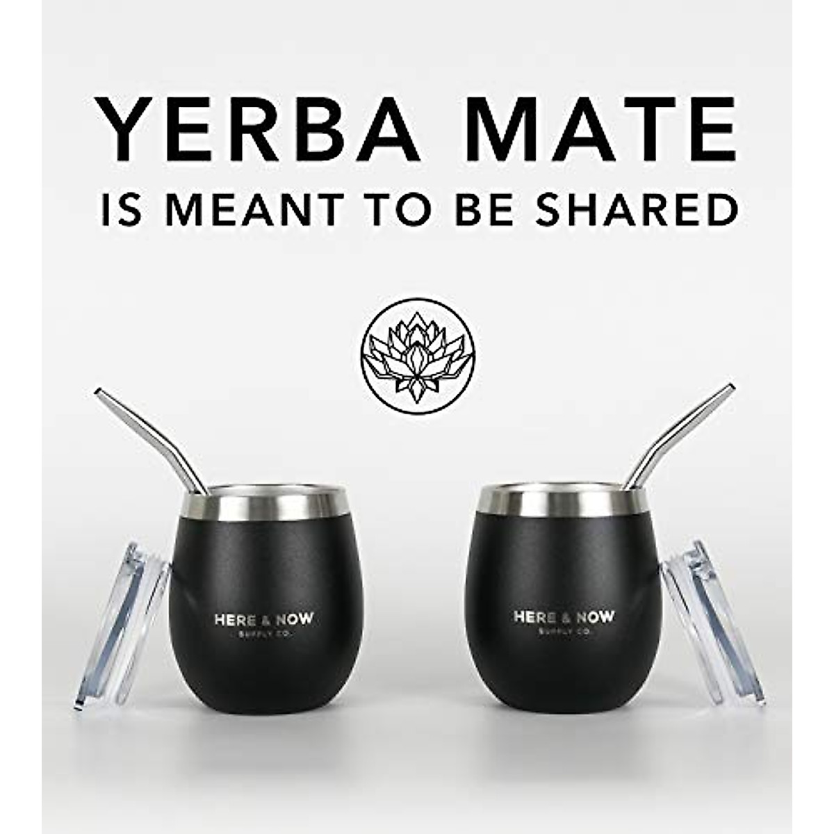 Here & Now Yerba Mate Cup and Bombilla Set | 2 Mate Gourds, Spill Resistant Lids, & Mate Straws | Bombilla Brush & Pouch Included | Yerba Mate Gourd Kit with Bombilla Mate & Mate Tea Cups (Black)