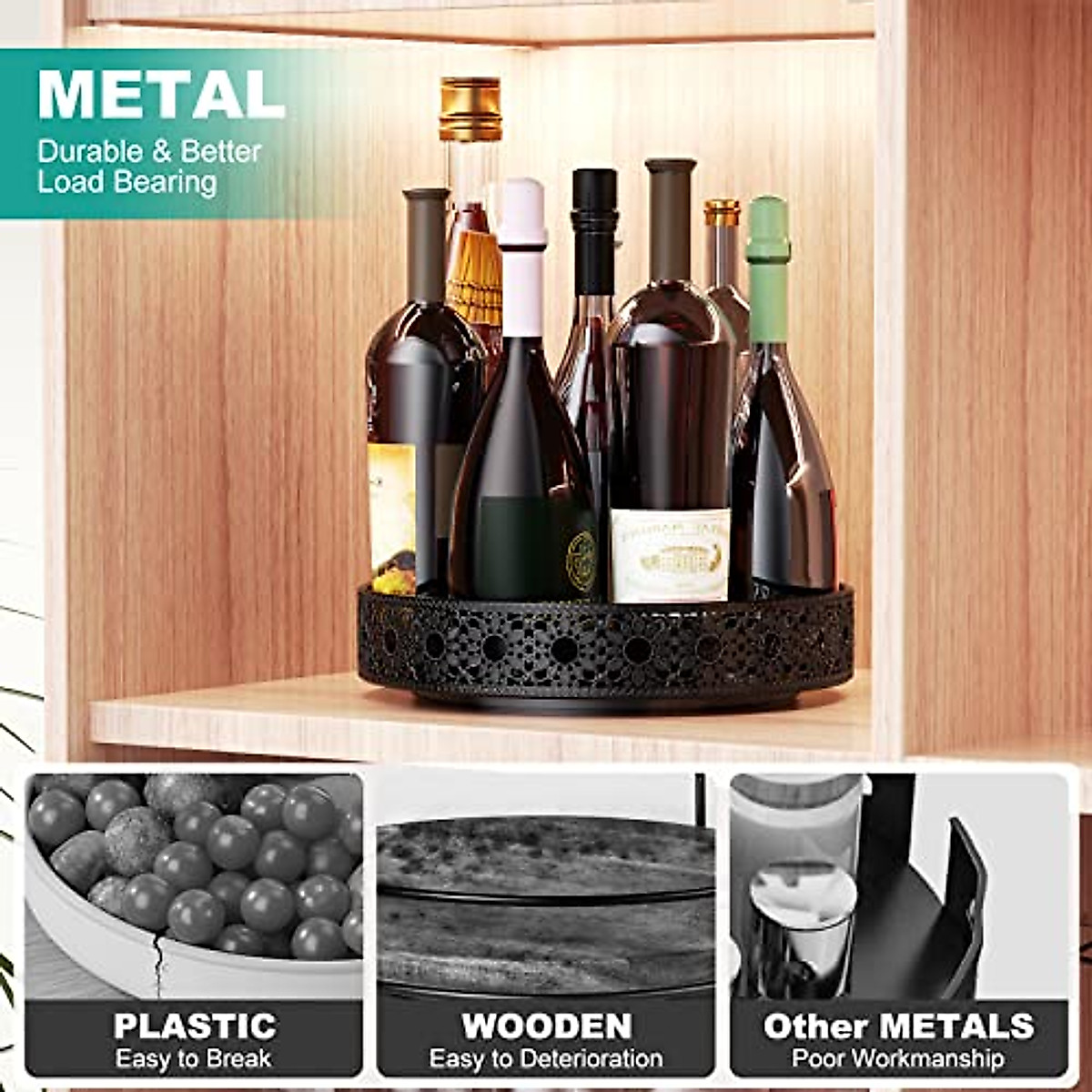 Lazy Susan Organizer, 11 Inch Lazy Susan Turntable for Cabinet Table, PHINOX Turntable Organizer Lazy Susan Spice Rack with Non-Slip Pad, Lazy Susan for Kitchen Bathroom Pantry Vanity (Metal)