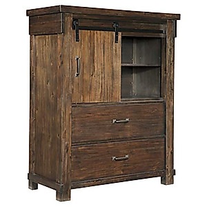 Signature Design by Ashley Lakeleigh Rustic Industrial 5 Drawer Chest with Sliding Barn Door, Dark Brown