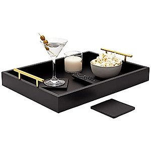 Black Serving Tray for Coffee Table, 16x12 with Coasters, Decorative Interchangeable Gold andSilver Handles