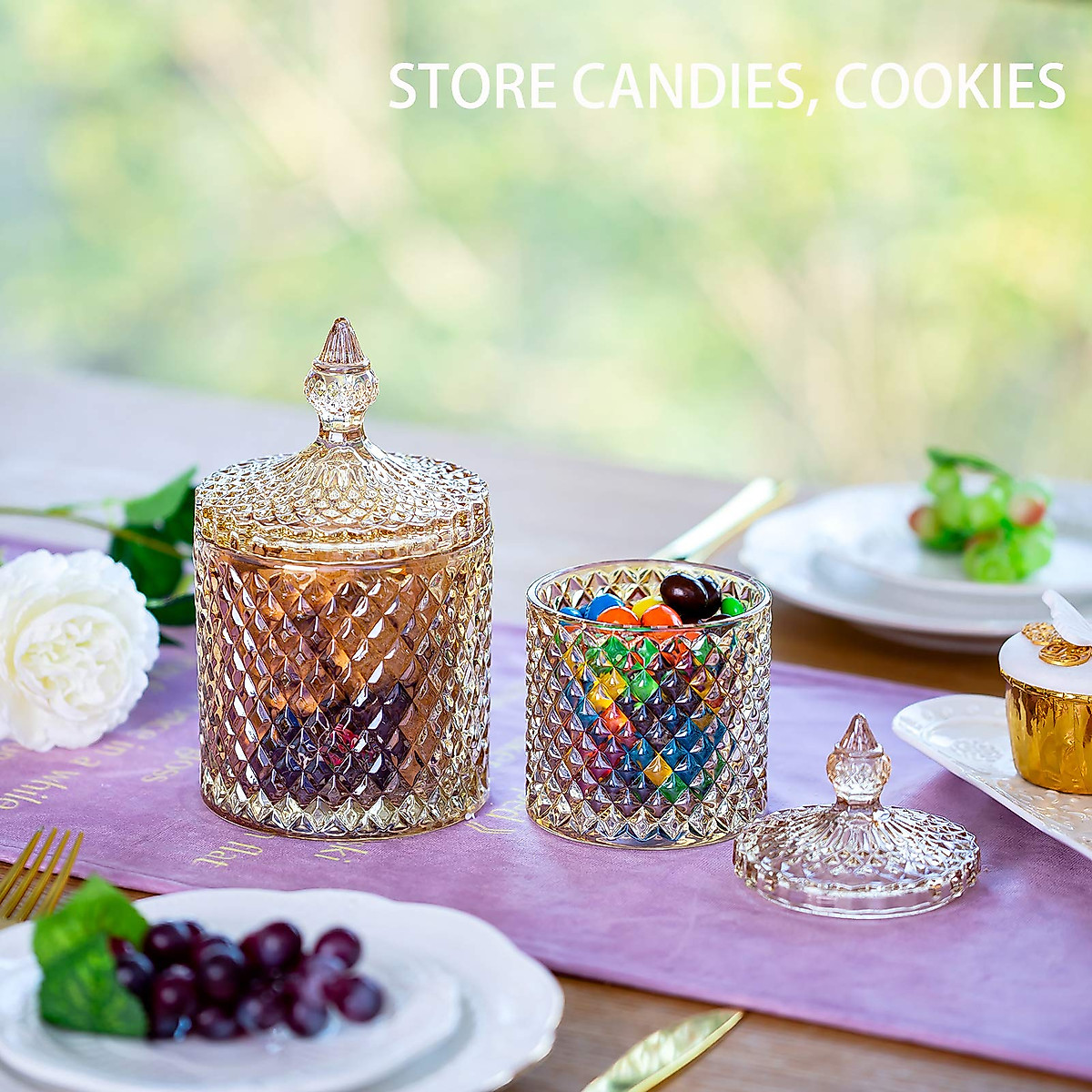 Candy Dishes with Lids-Candy Containers Glass Cookie Amber Jar for Candy Buffet Decorative Jars Candy Buffet Dishes for Party Wedding Display Pothecary Flour, Small+Large