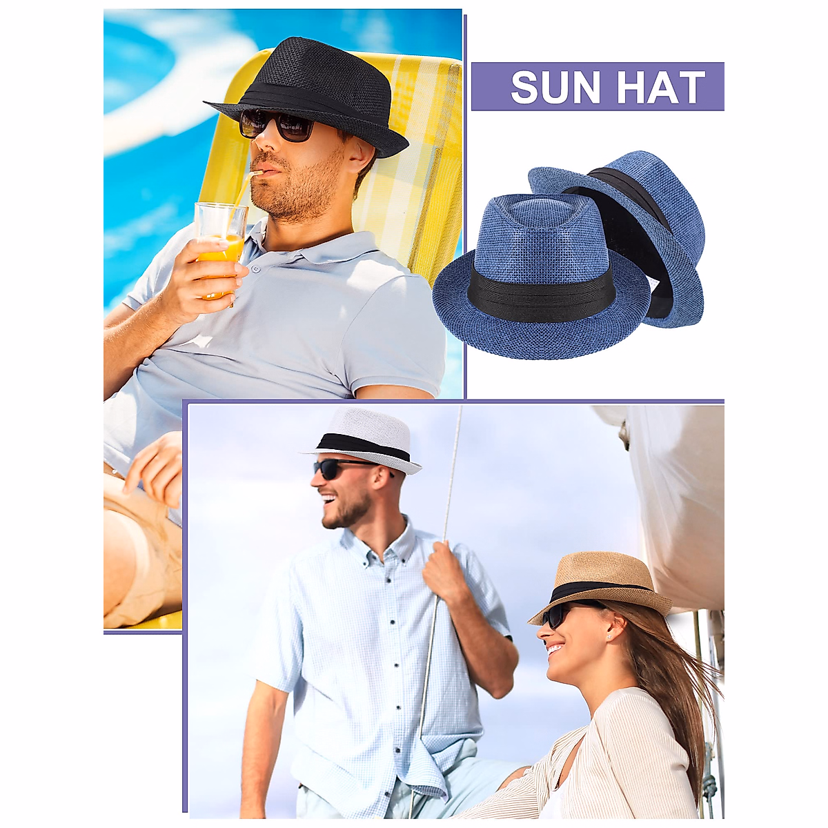 4 Pieces Straw Hats for Men Women Summer Panama Short Brim Hat with Black Band (Retro Style)