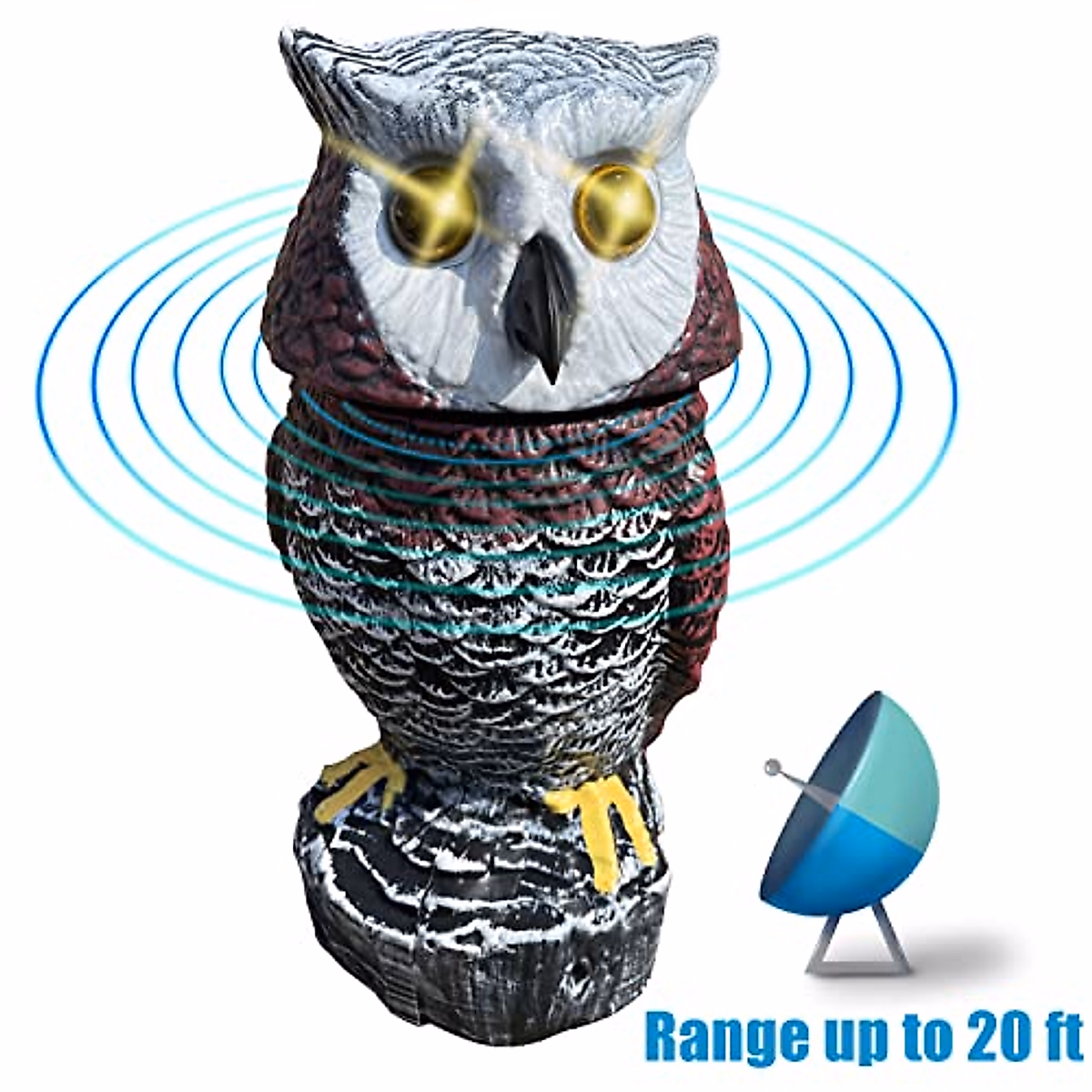 Ugold Solar Powered Garden Owl with Detection, Flashing Eyes, Rotating Head, Realistic Hoots and Silent Mode, Garden Sculpture, Plastic Owl Decoration for Home, Garden, Patio and Lawn