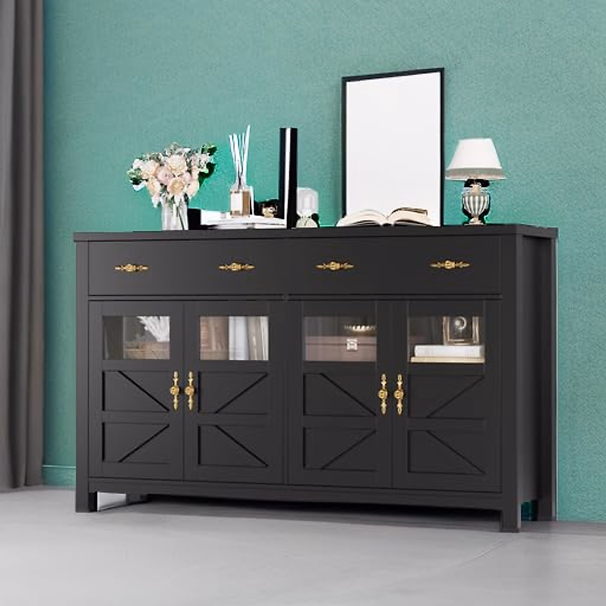 FINETONES Buffet Cabinet with Storage, 55.1" Large Sideboard Buffet Cabinet, Farmhouse Sideboard Kitchen Cabinet with 2 Drawers and 4 Doors, Wood Coffee Bar Cabinet Buffet Table for Kitchen, Black