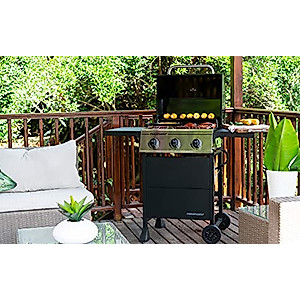 Megamaster 3-Burner Propane Gas Grill with 2 Foldable Side Tables, 30000 BTUs, Perfect for Camping, Outdoor Cooking, Patio and Garden Barbecue Grill, Silver and Black, 720-0988EA