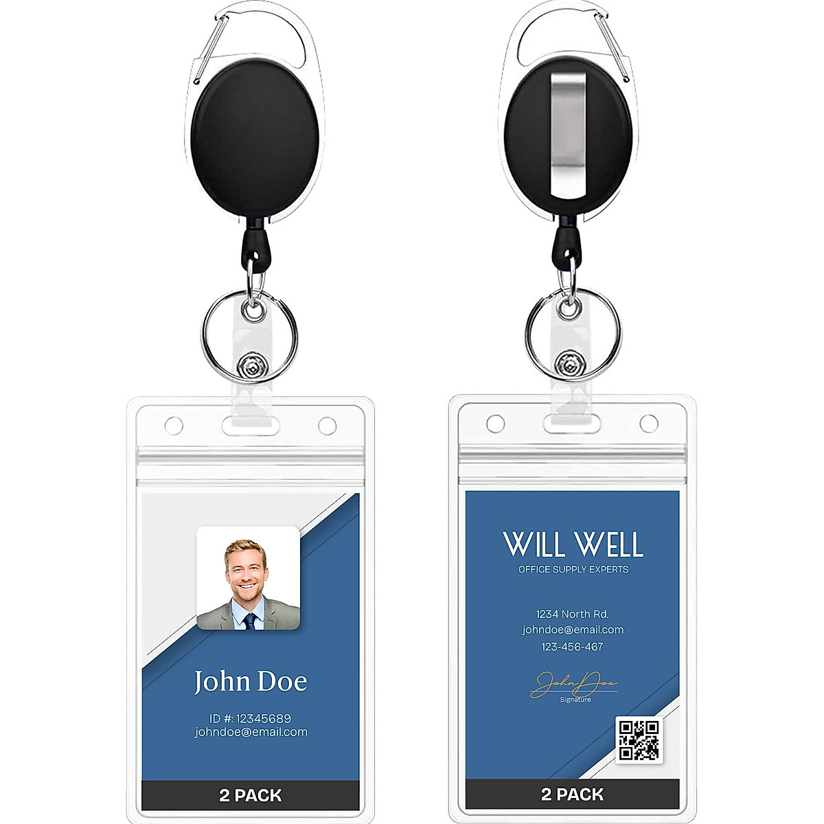 2 Pack ID Badge Holder With Clip – Badge Reels Retractable Heavy Duty – Clear Id Card Holder Retractable – Vertical Lanyard Id Holder with Carabiner Badge Reel – Badge Holders with 24 inches Pull Cord
