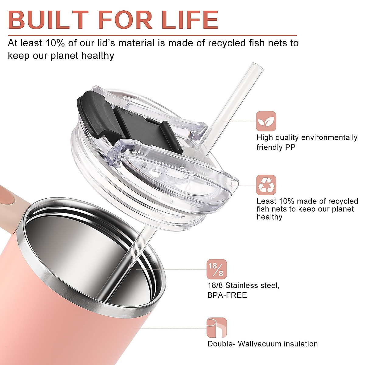 EK-Memory-fish 30 OZ Tumbler with Handle and Straw - Vacuum Insulated Water Bottle for Home, Office, Car - Reusable Cup with Straw【Rose Quartz】