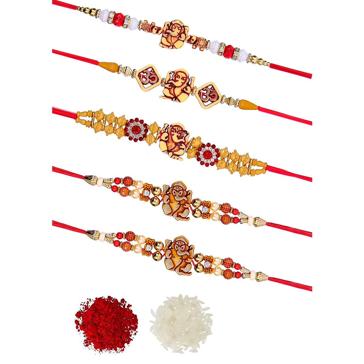 Crunchy Fashion 5 pcs Designer Rakhi Set with Roli/CHawal/Rice/Gift Pouch for Brother, Sister Raksha Bandhan Handmade Bracelet for Bhaiya Bhabhi Rakhi Combo in bulk