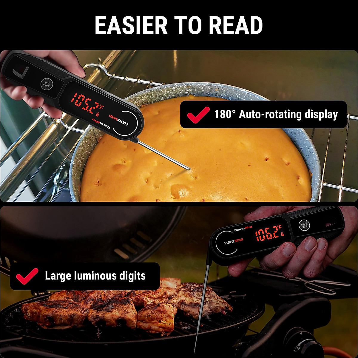 ThermoPro Lightning One-Second Instant Read Meat Thermometer, Calibratable Kitchen Food Thermometer with Ambidextrous Display, Waterproof Cooking Thermometer for Oil Deep Fry Smoker BBQ Grill