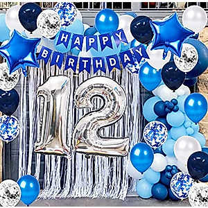 12th Birthday Party Decoration for Boys, Happy Birthday Banner Blue Number 12 Birthday Balloons 12th Birthday Latex Confetti Balloon for Boys Him Son 12 Years Old Birthday Decoration Supplies(12th)