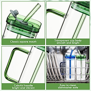 Rtteri 6 Sets Square Glass Cups with Lids and Straws Coffee Cups with Handle Drinking Glasses Wide Mouth Multi Colored Glass Tumbler with Handle for Home Employee Coworkers (16 Oz, Medium)