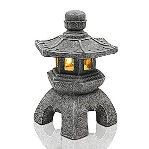 Nacome Solar Pagoda Lantern Garden Statue,Indoor/Outdoor Zen Asian Decor for Landscape Balcony,Garden,Patio,Porch Yard Art Ornament,Polyresin, Gray Stone Finish